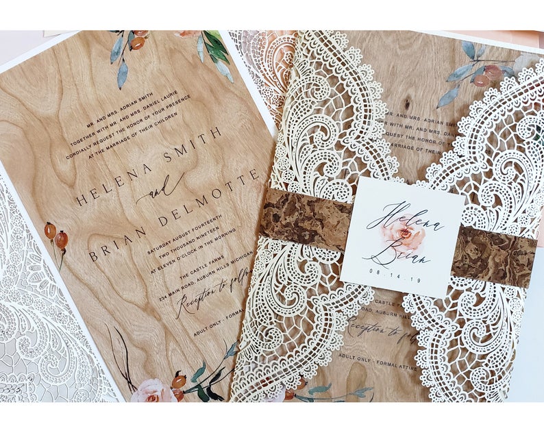 Rustic Wood Invitations - Wrapped in Lace and Ribbon
