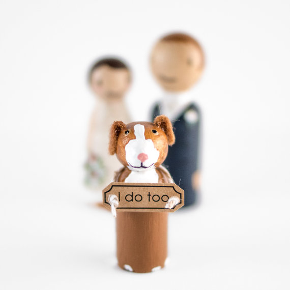 Peg Doll Cake Topper with Dog Holding "I Do Too" Sign