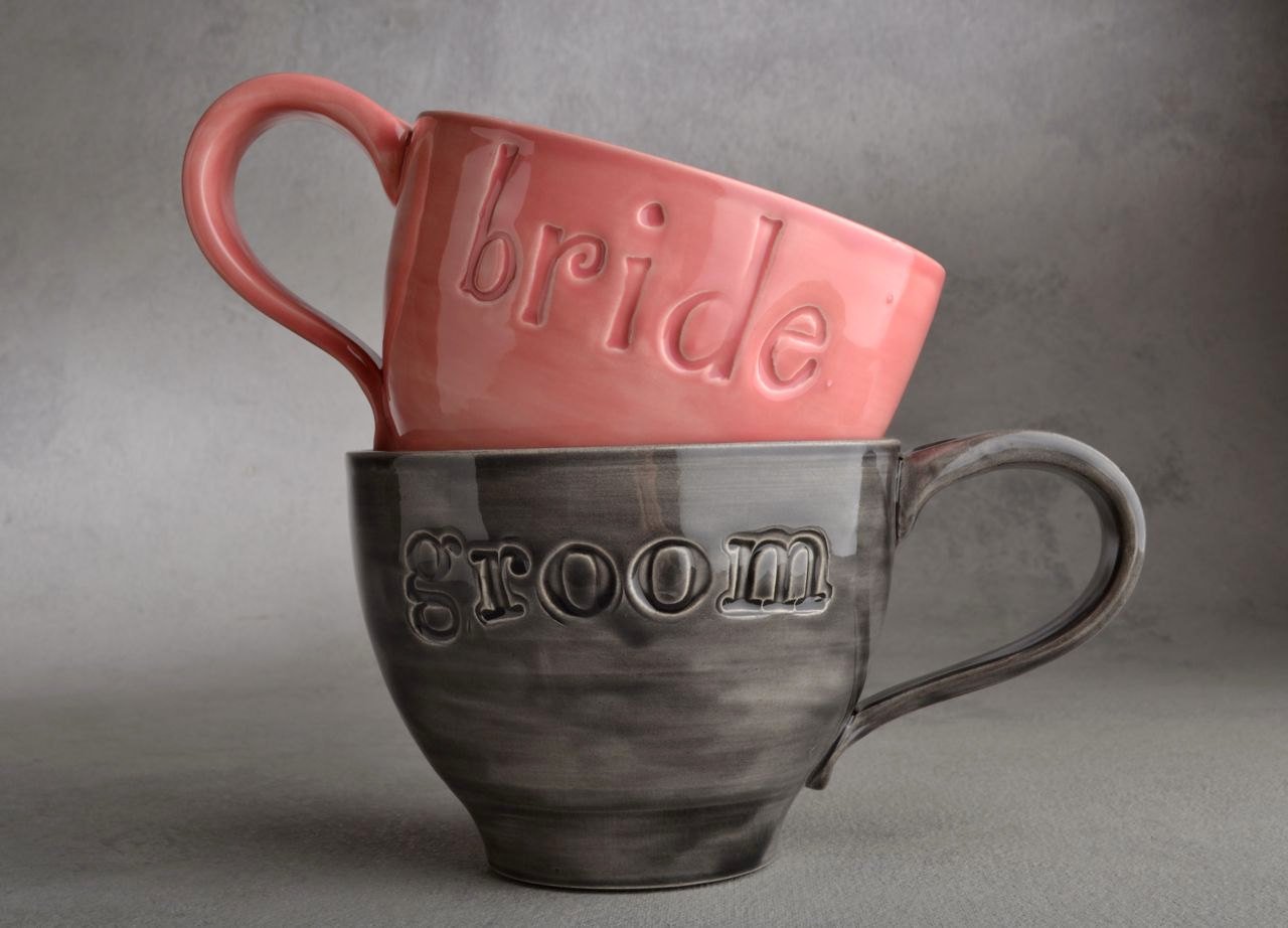 Bride Groom Coffee Mugs Set -- Newly Engaged Gift Ideas