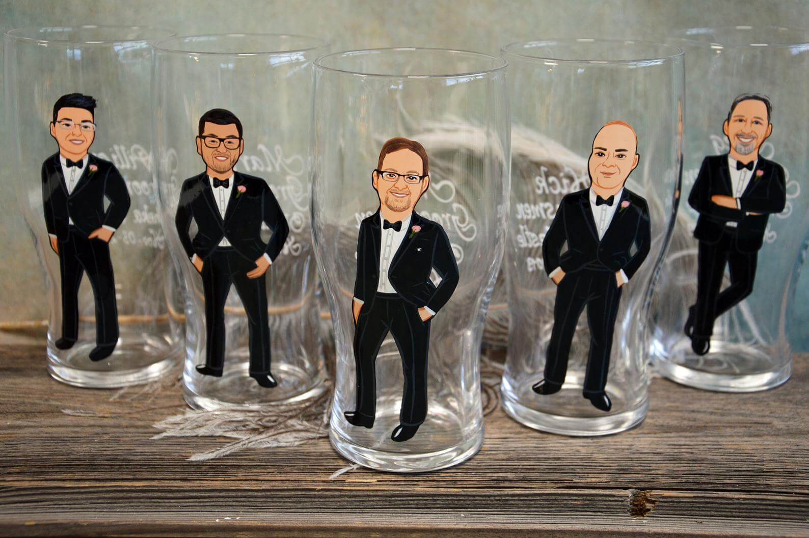 Painted Groomsmen Glasses: These Cariacature Glasses Make a Fun Gift