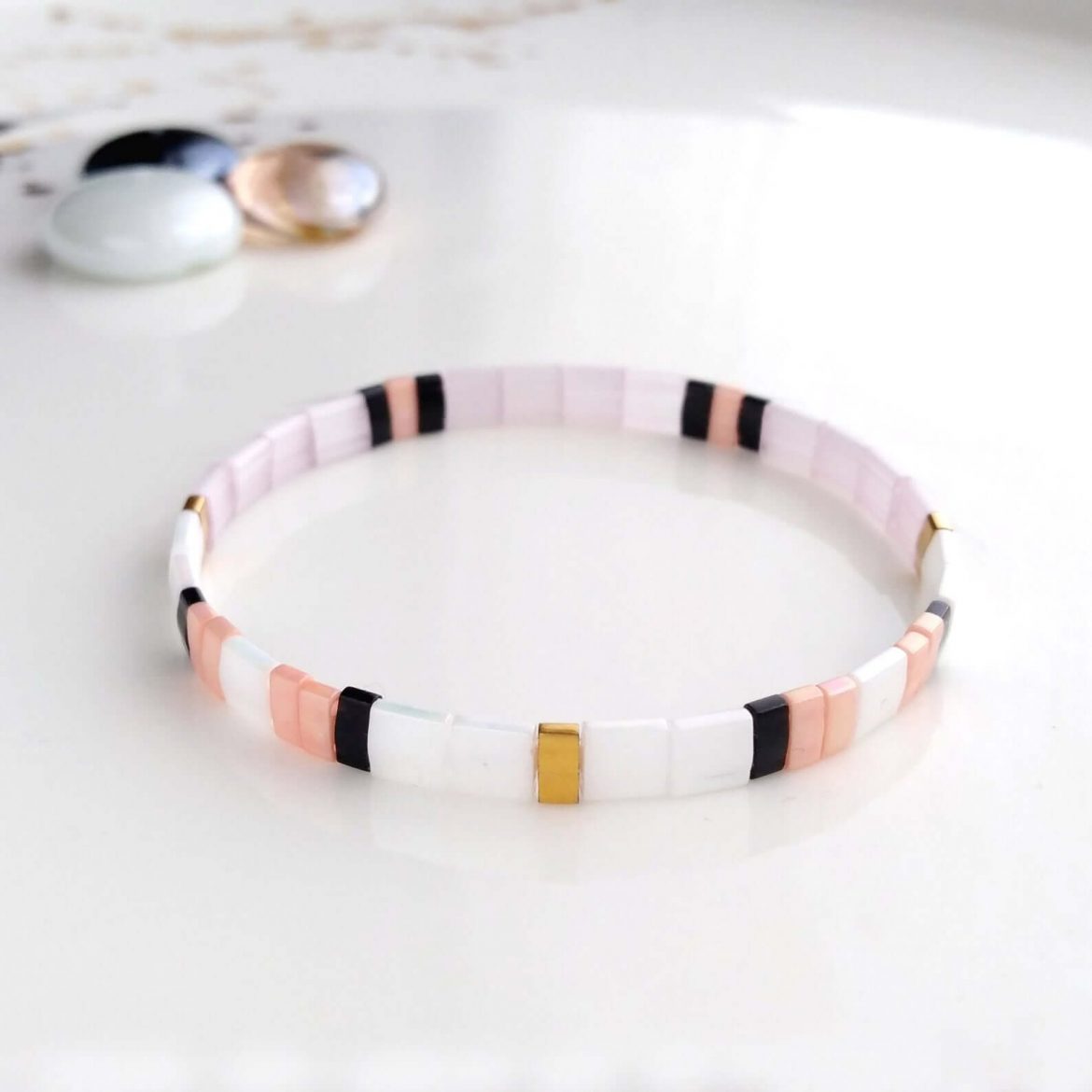 Fun Tile Bracelets with Colorful Tiles + Elastic | Emmaline Bride