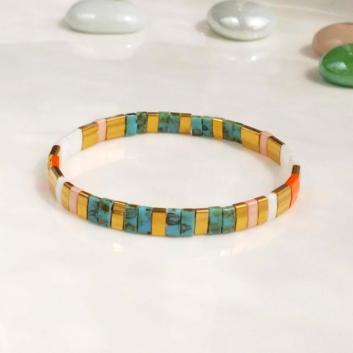 Fun Tile Bracelets with Colorful Tiles + Elastic | Emmaline Bride