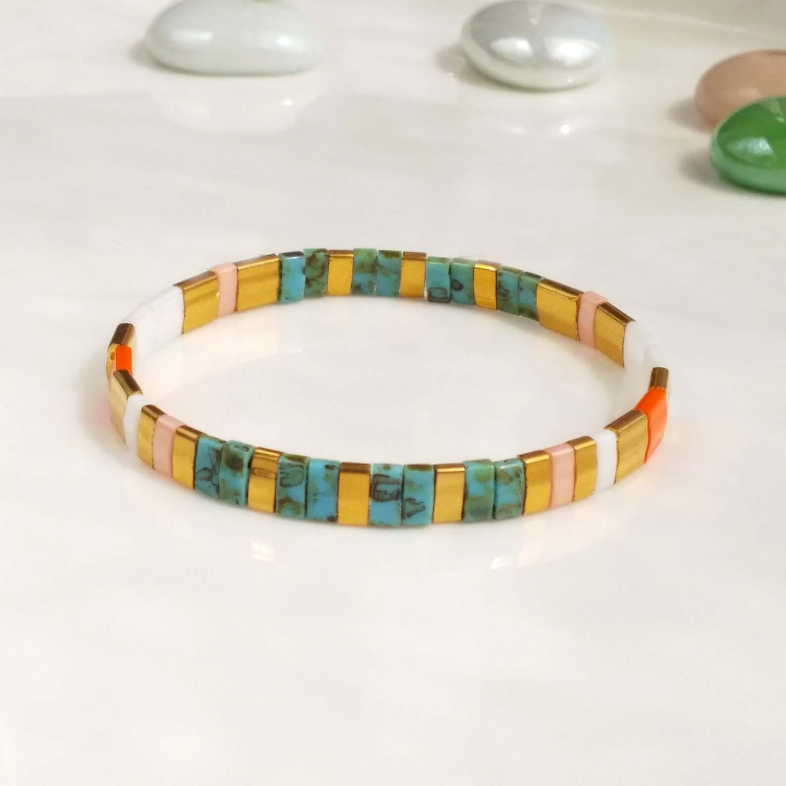 Fun Tile Bracelets with Colorful Tiles + Elastic | Emmaline Bride