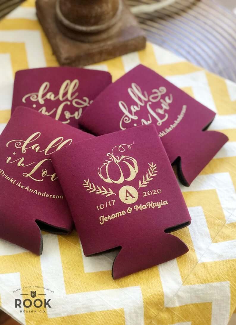 Fall Wedding Can Coolers: "Fall In Love" Drink Favors | Emmaline Bride
