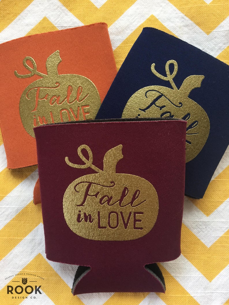 Fall Wedding Can Coolers: "Fall In Love" Drink Favors | Emmaline Bride