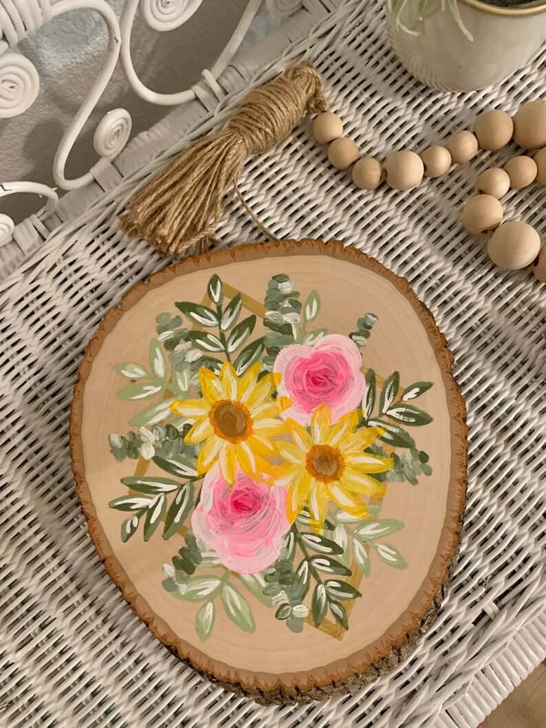 Painted Wood Slices: Floral Wood Slabs for Wedding Centerpieces