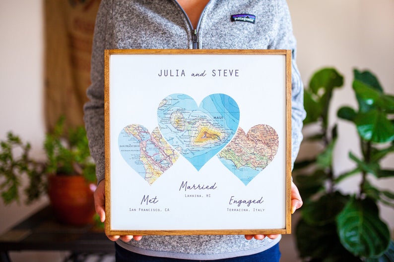 Custom Map Wedding Gift: Your Maps + Locations, Printed on Wood
